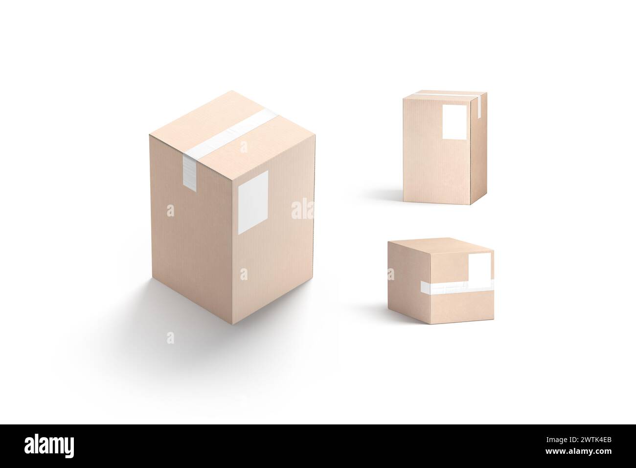 Blank white shipping label on craft box mockup, different sides, 3d ...