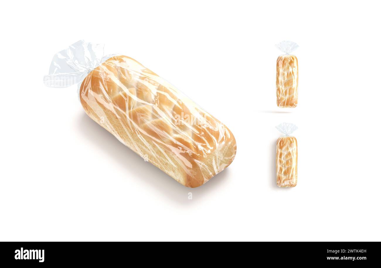 Blank bread in transparent cellophane pack mockup, different views, 3d ...