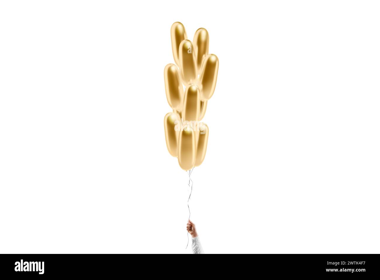 Hand holding blank gold cylindrical balloon stack mockup, isolated, 3d ...