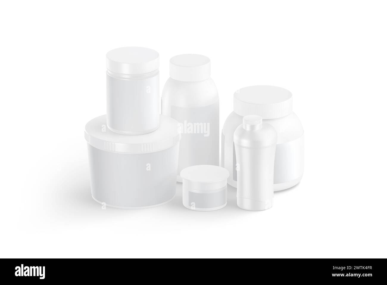 Blank white protein can, bottle and shaker mockup, side view, 3d ...