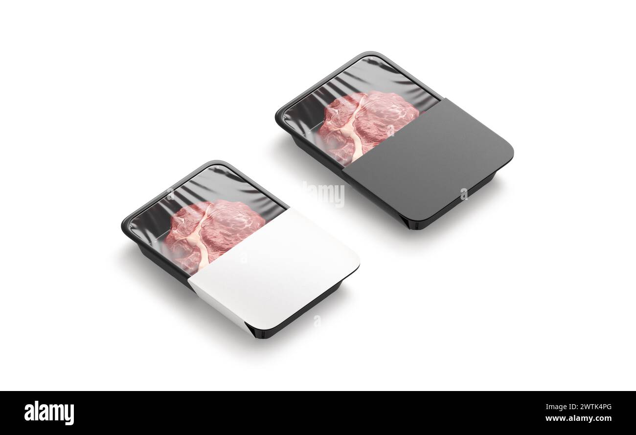 Blank plastic beef tray with black and white label mockup, 3d rendering ...
