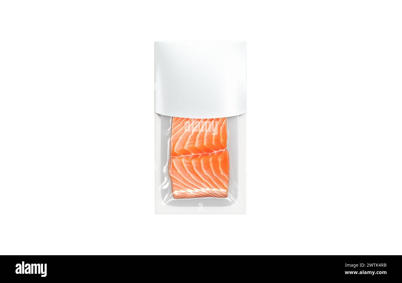 Blank transparent pack with white label for salmon mockup, isolated, 3d ...