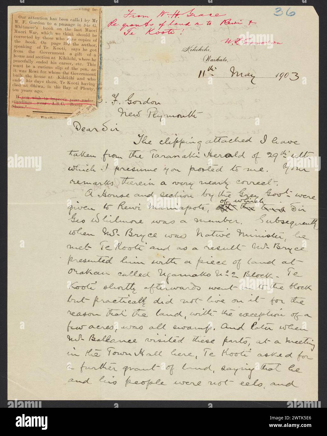 Grants of land to Rewi and Te Kooti letters Stock Photo - Alamy