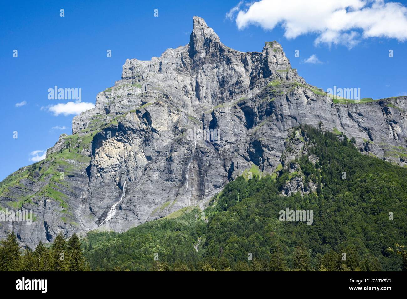 Mountain peak reaches into the sky at the summit while forest and ...