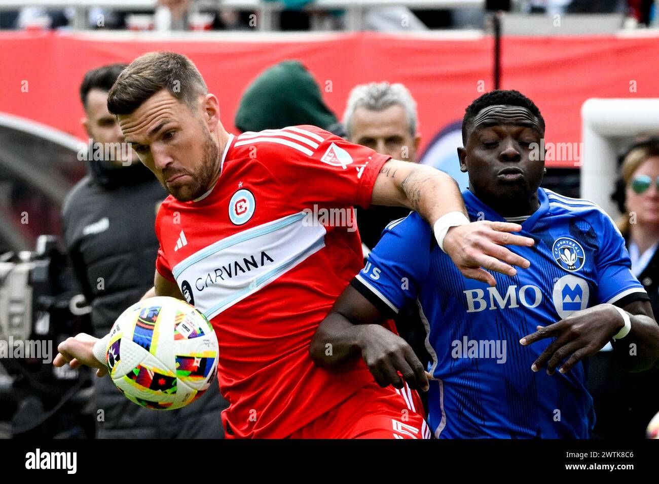 Chicago Fire defender Rafael Czichos (5) and CF Montréal forward Sunusi ...