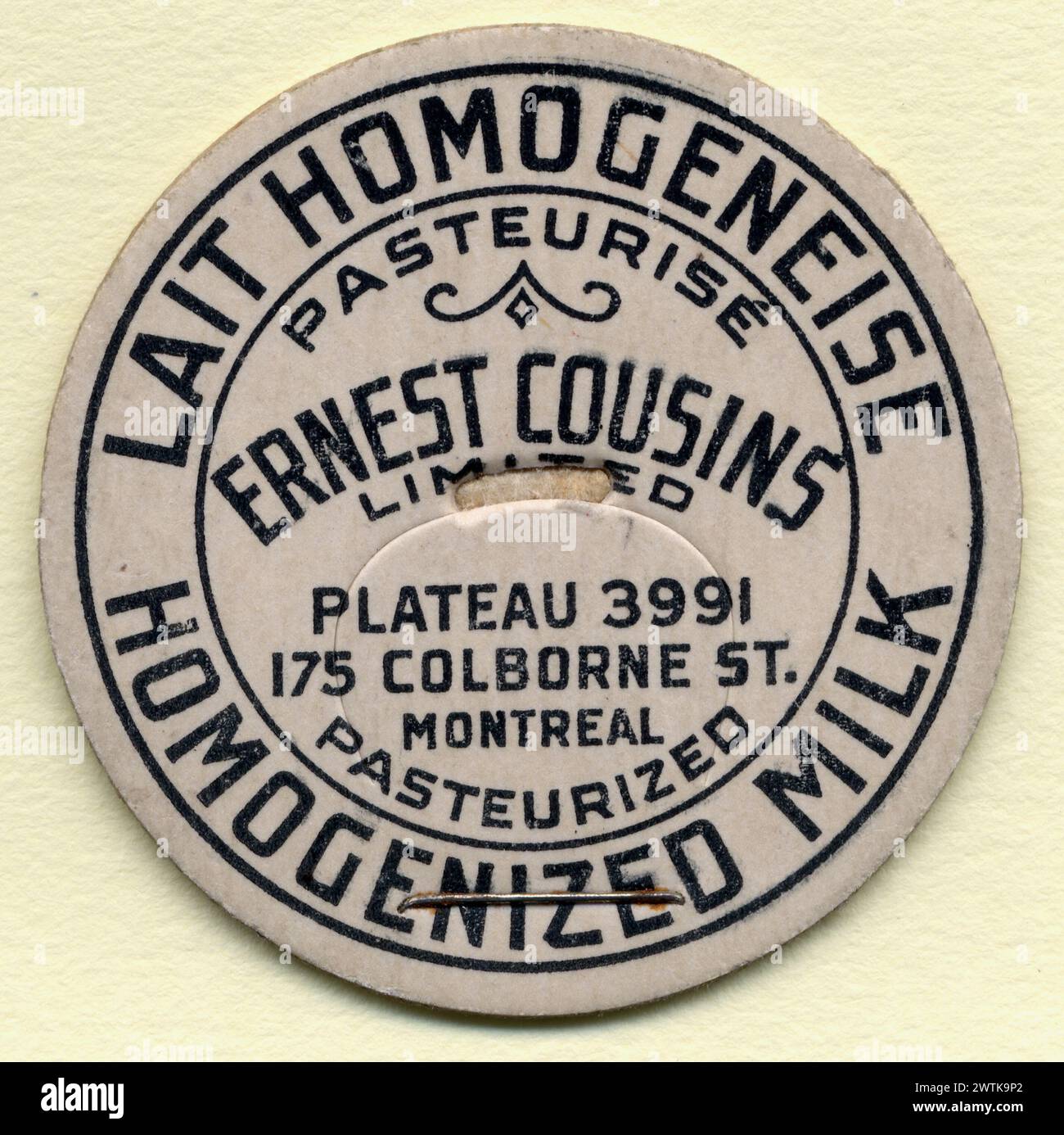 Milk bottle cap - Homogenized Milk, Pasteurized, Ernest Cousins Limited ...