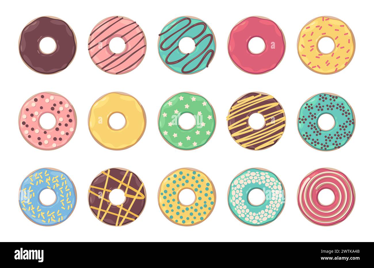 Cartoon donut. Cute colorful bakery glazed donut with hole, colorful ...