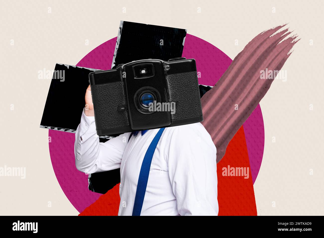 Creative retro 3d magazine collage image of weird guy photo camera ...
