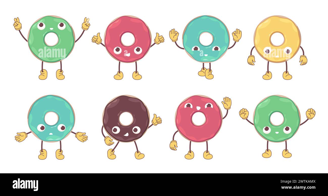 Cartoon donut mascot. Cute sweet pastry characters with different ...