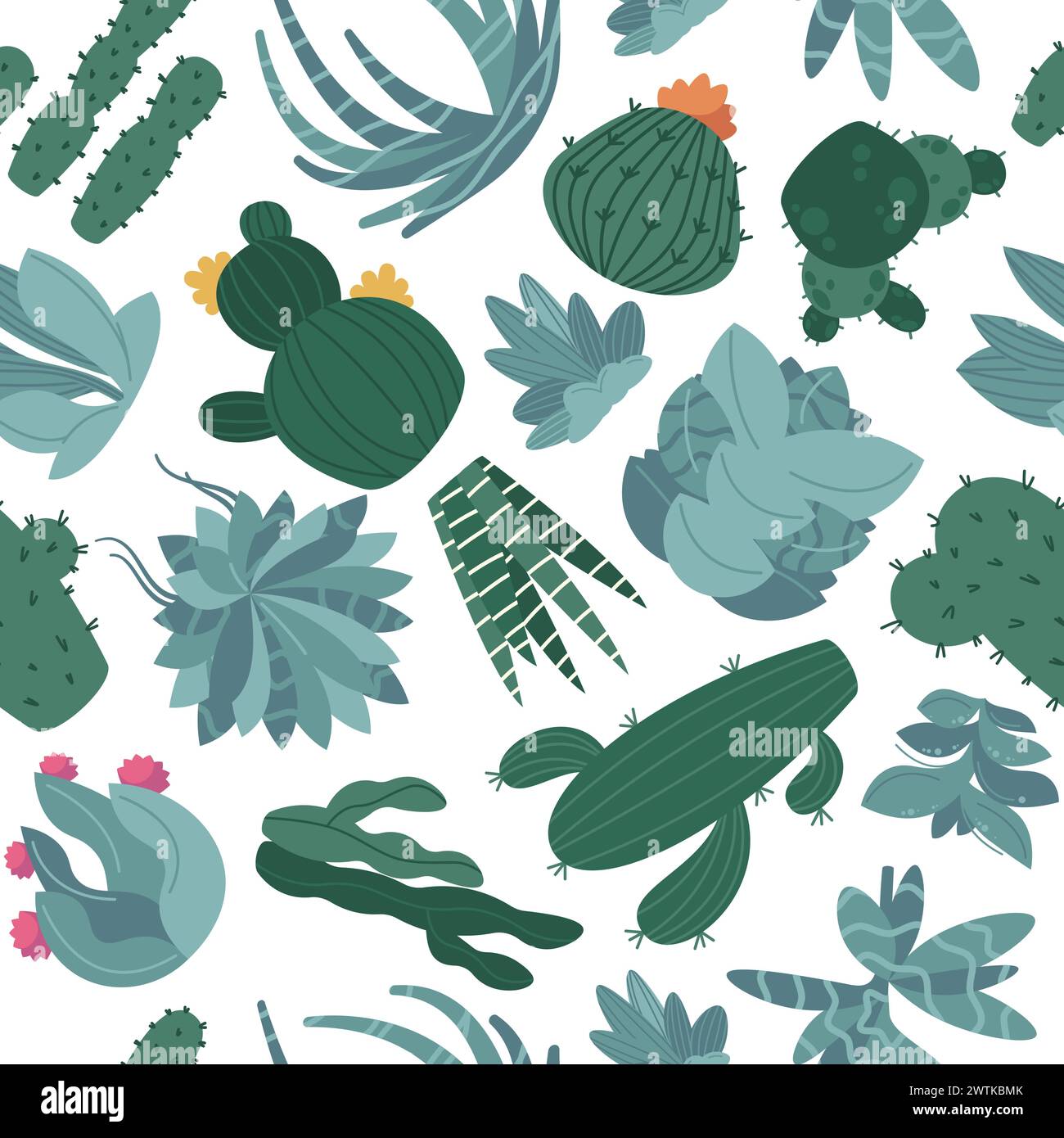 Cartoon succulent pattern. Seamless print with cute cactus flowers ...