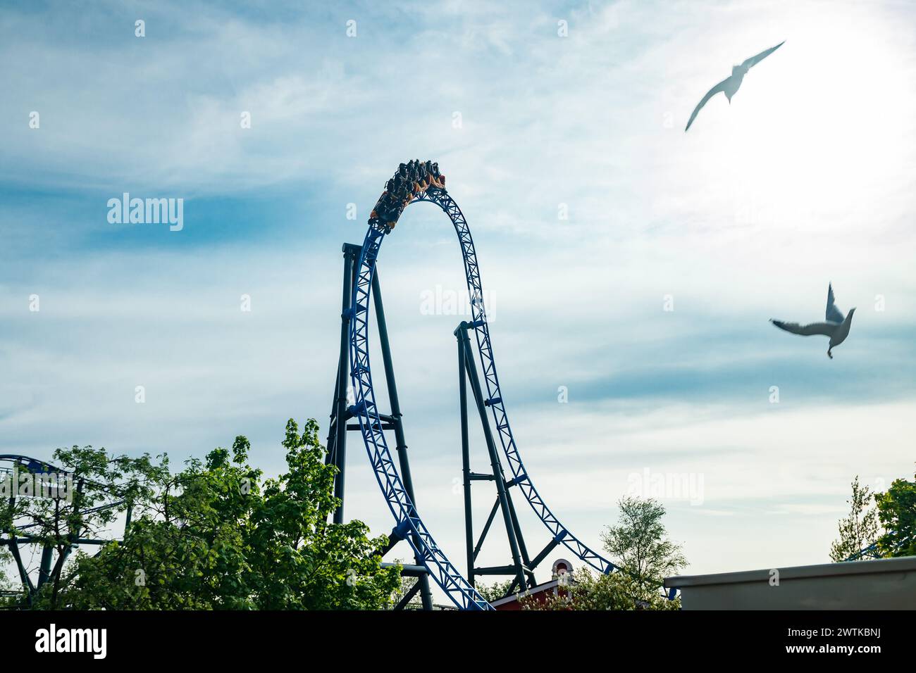 Ride roller coaster in motion on sky background in amusement park Stock ...