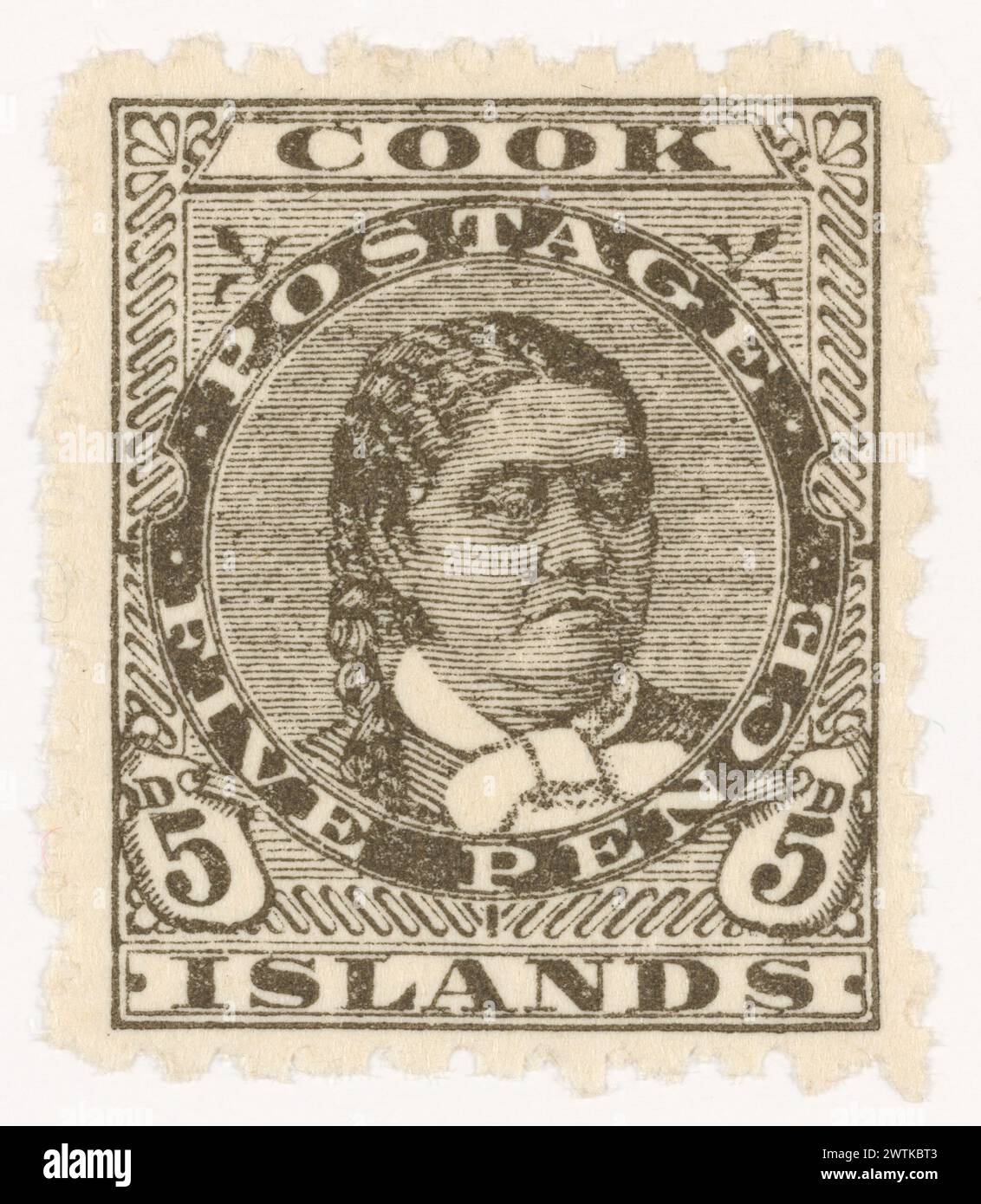 Issued five penny Cook Islands 'Queen Makea Takau' stamp in olive black ...