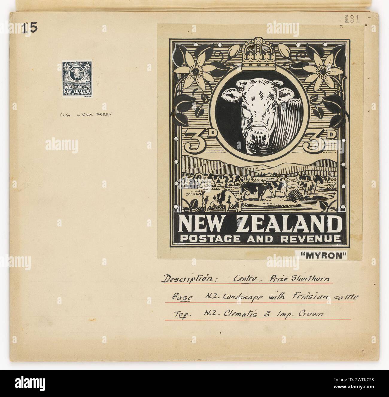 Unaccepted design for three penny 1935 pictorial stamp design drawings ...