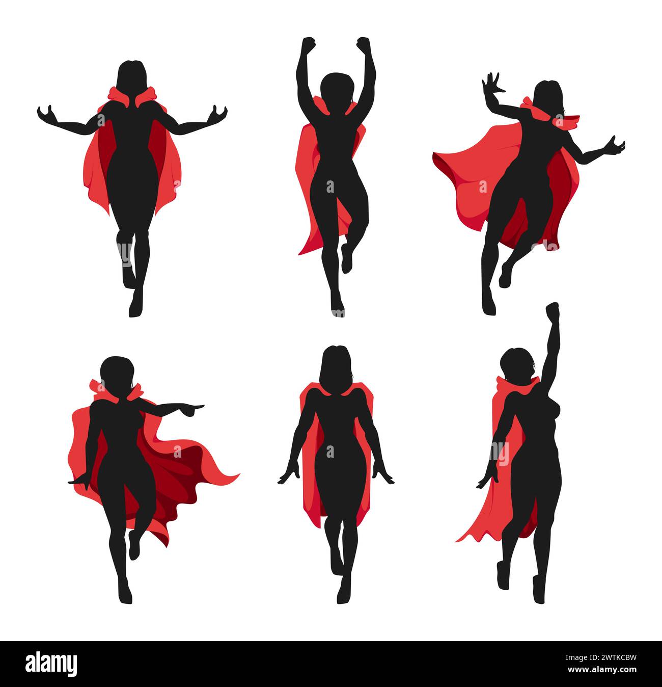 Female superhero in red cloak. Cartoon strong woman in flying superhero costume, comic book ...