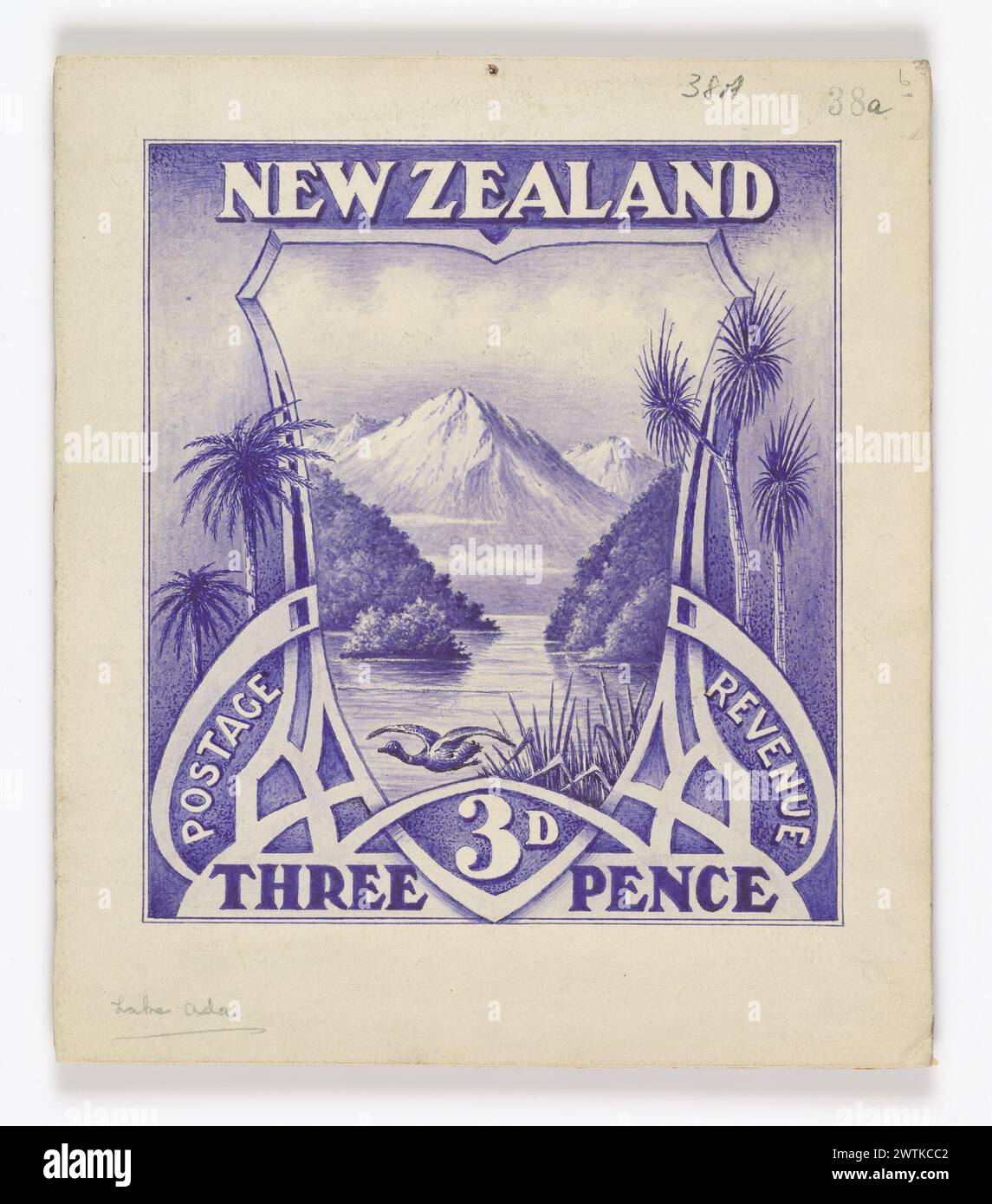 Unaccepted design for three penny 1935 pictorial stamp design drawings ...