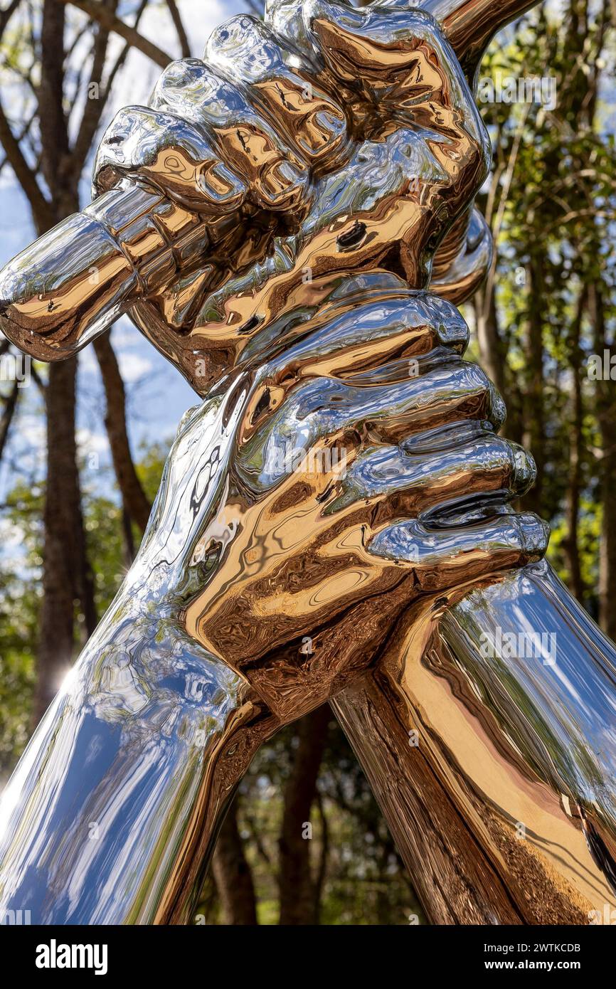 "Strike," by Hank Willis Thomas, stainless steel, 2018, during a media ...
