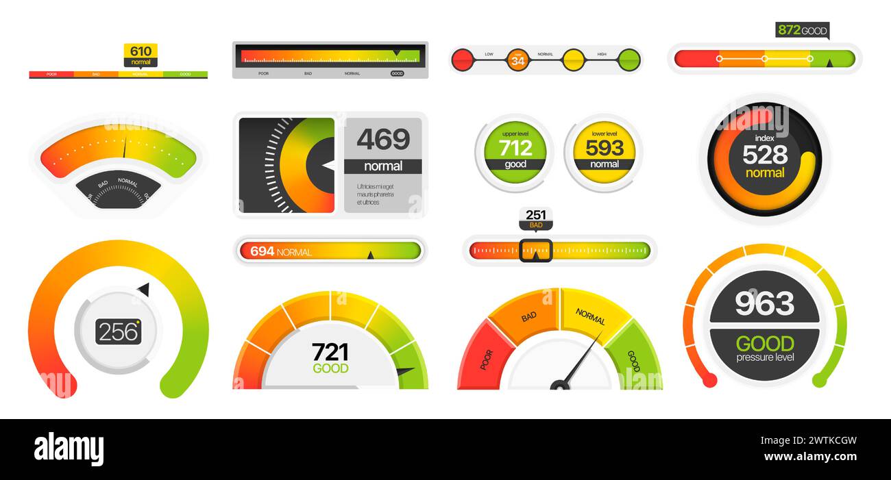 Gauges measuring scale. Progress bar and tachometer dials, energy level ...