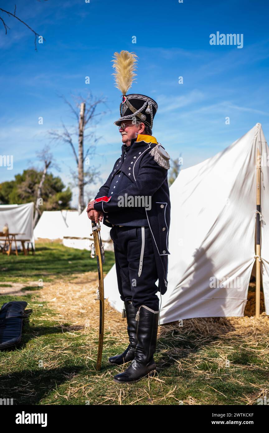 Patrick, French reenactor, poses at the replica of a camp during ...