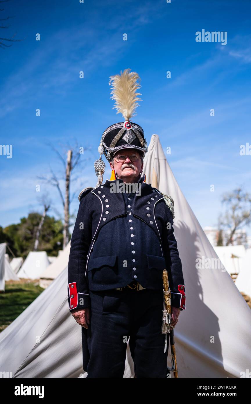Patrick, French reenactor, poses at the replica of a camp during ...