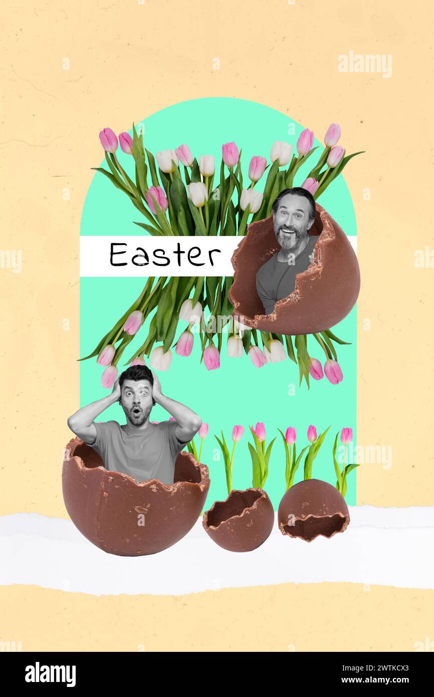 Two funny men have fun chocolate egg sweet dessert gift happy easter ...