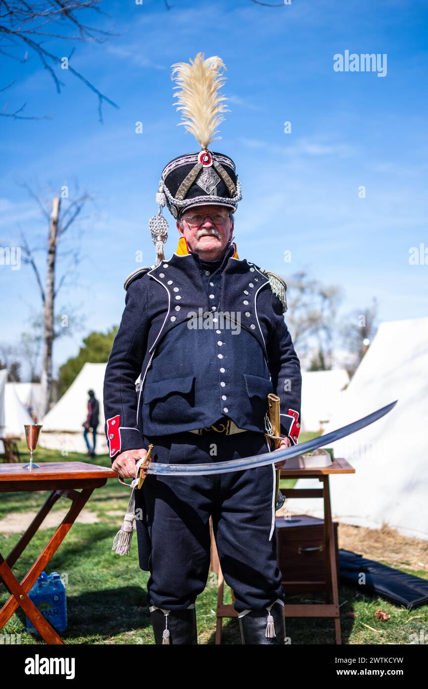Patrick, French reenactor, poses at the replica of a camp during ...