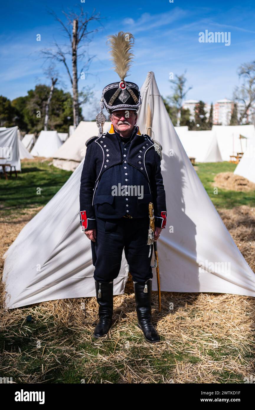 Patrick, French reenactor, poses at the replica of a camp during ...