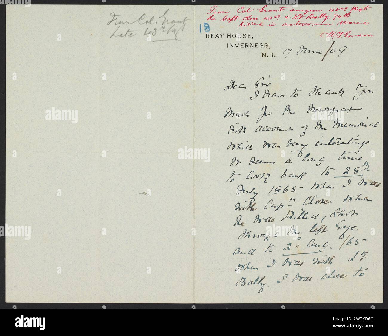 Letter to W.F. Gordon re Captain Close, 43rd and Lieutenant Bally, 70th ...