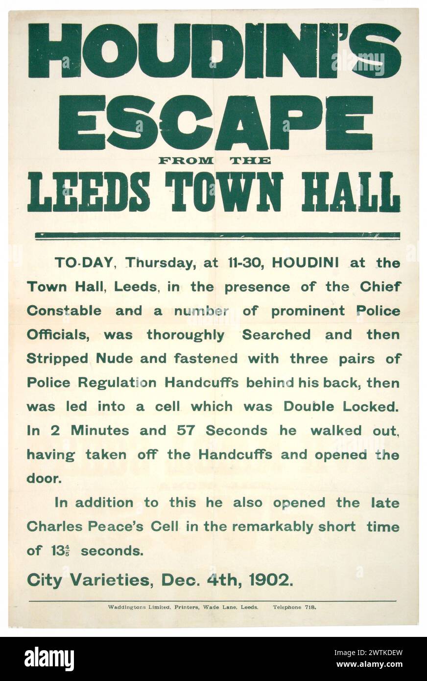 Magic poster - Houdini Escape From the Leeds Town Hall Stock Photo - Alamy