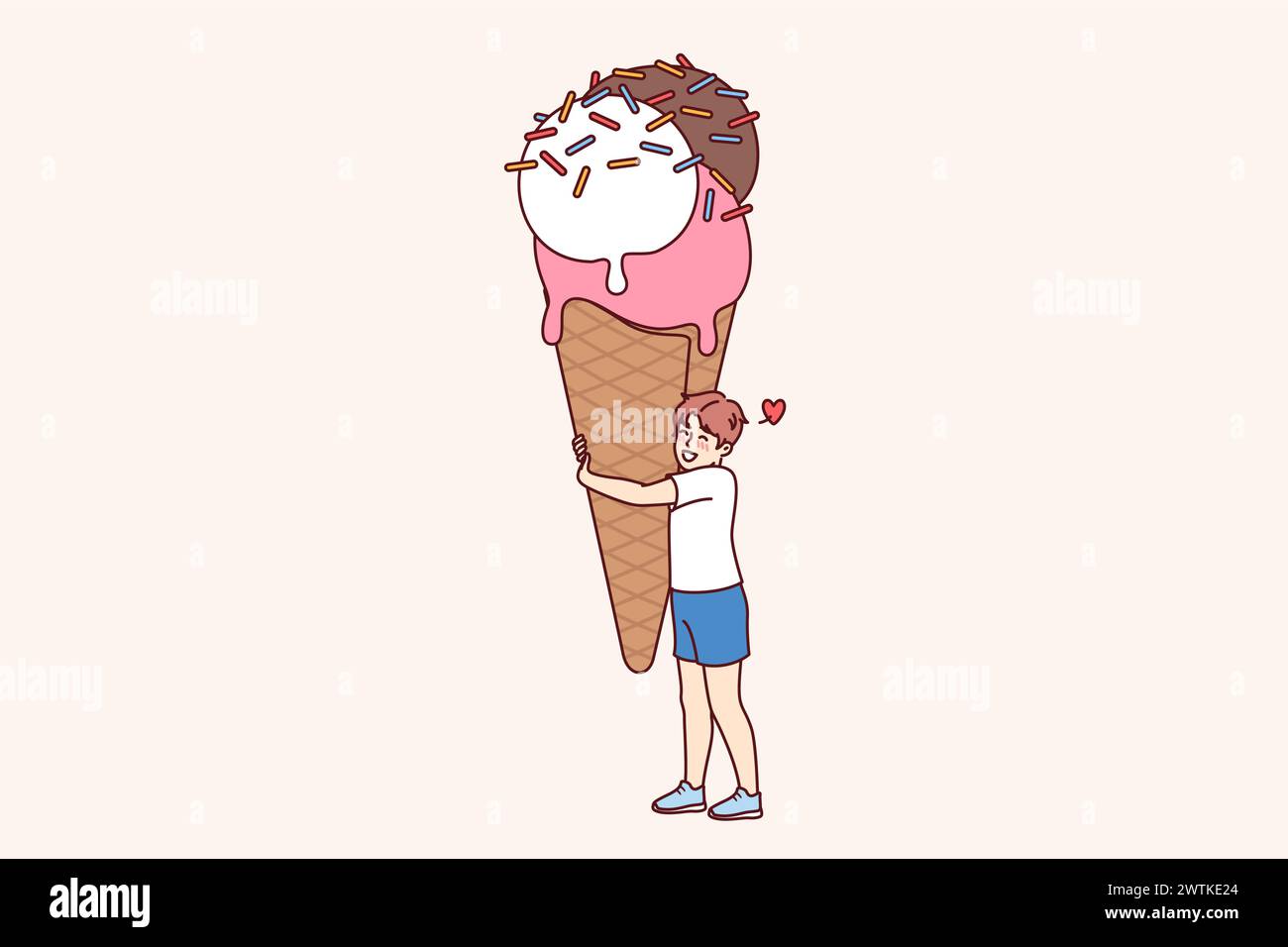 Happy boy with giant size ice cream, waffle cup and colorful sprinkles ...