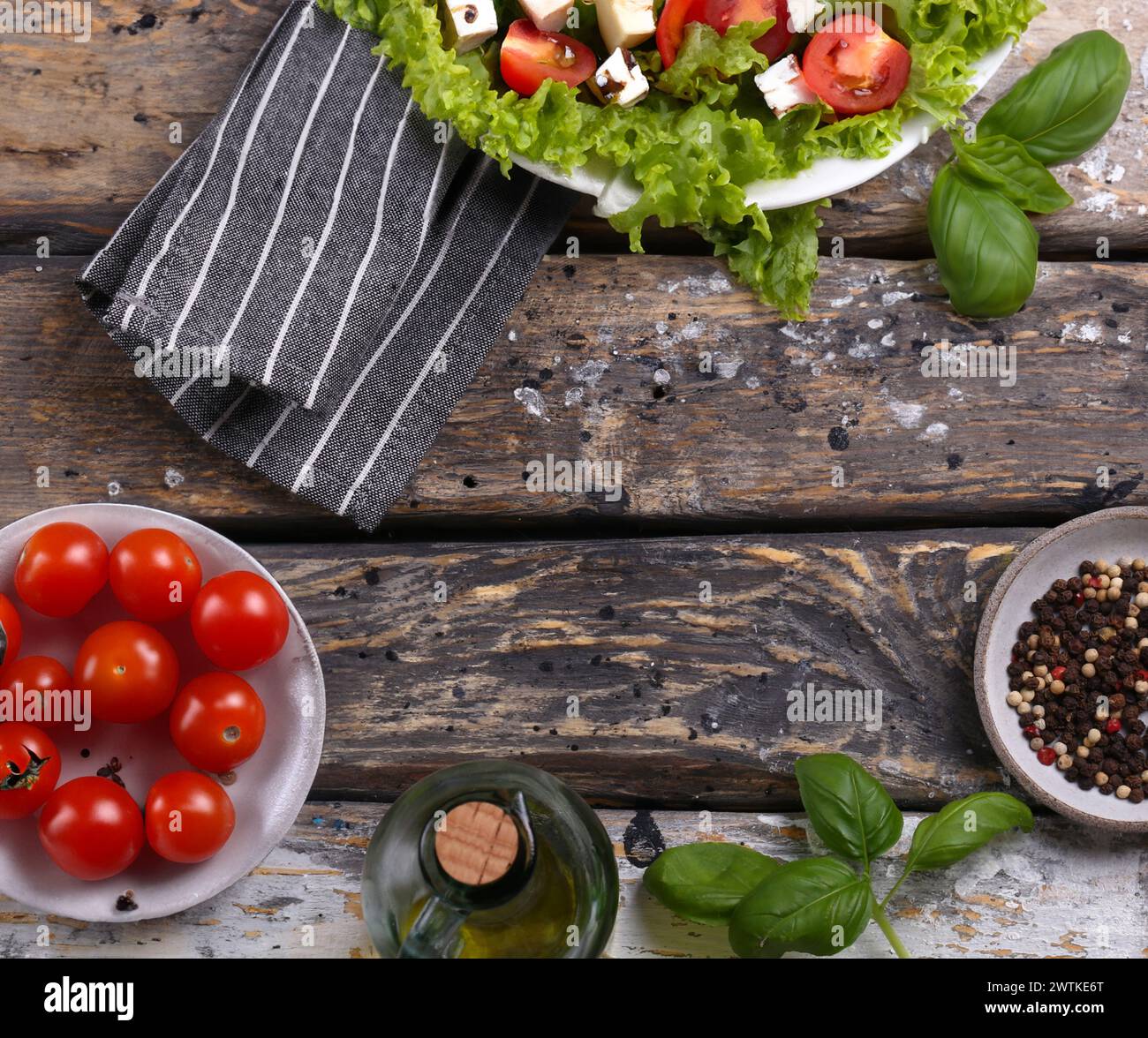 wooden food background with herbs and fresh vegetables Stock Photo - Alamy