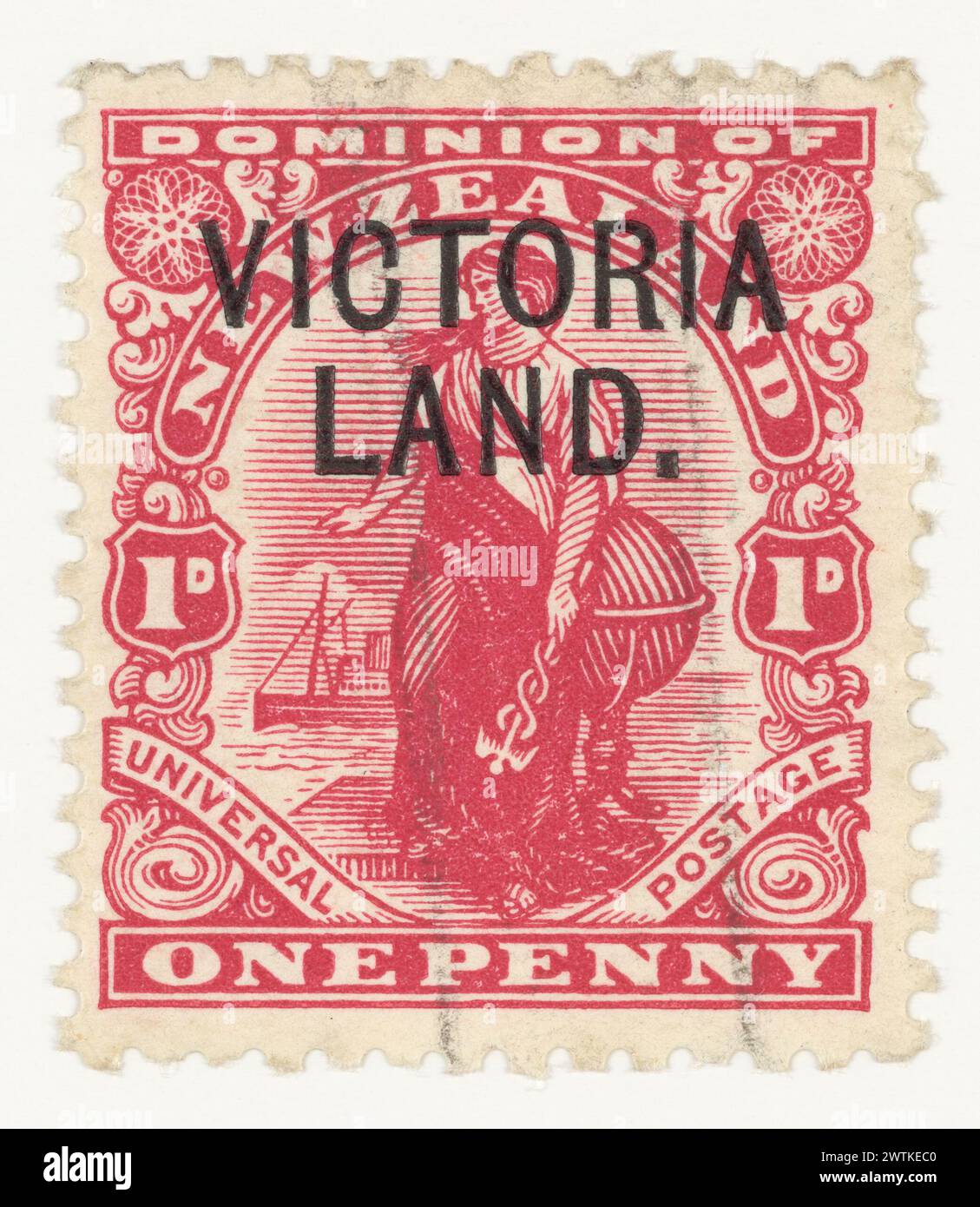 Issued one penny 'Penny Dominion' stamp overprinted with 'VICTORIA LAND ...
