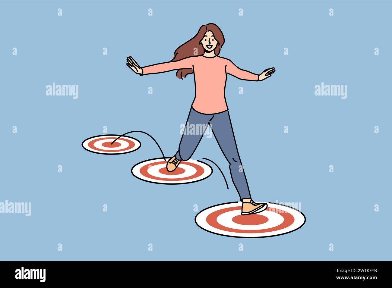 Purposeful woman jumps on targets and spreads arms to sides, enjoying ...