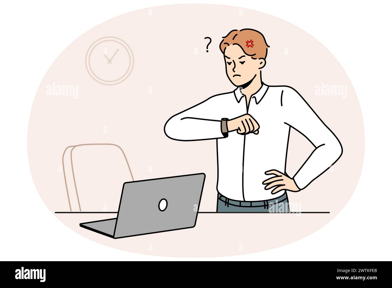 Furious businessman look at wristwatch unhappy with employee being late ...