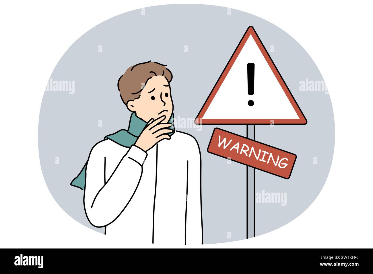 Anxious man standing near warning sign. Worried unhappy guy look at ...