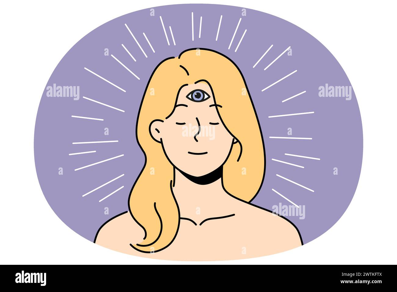 Calm woman with third eye on forehead use intuition for decision making ...