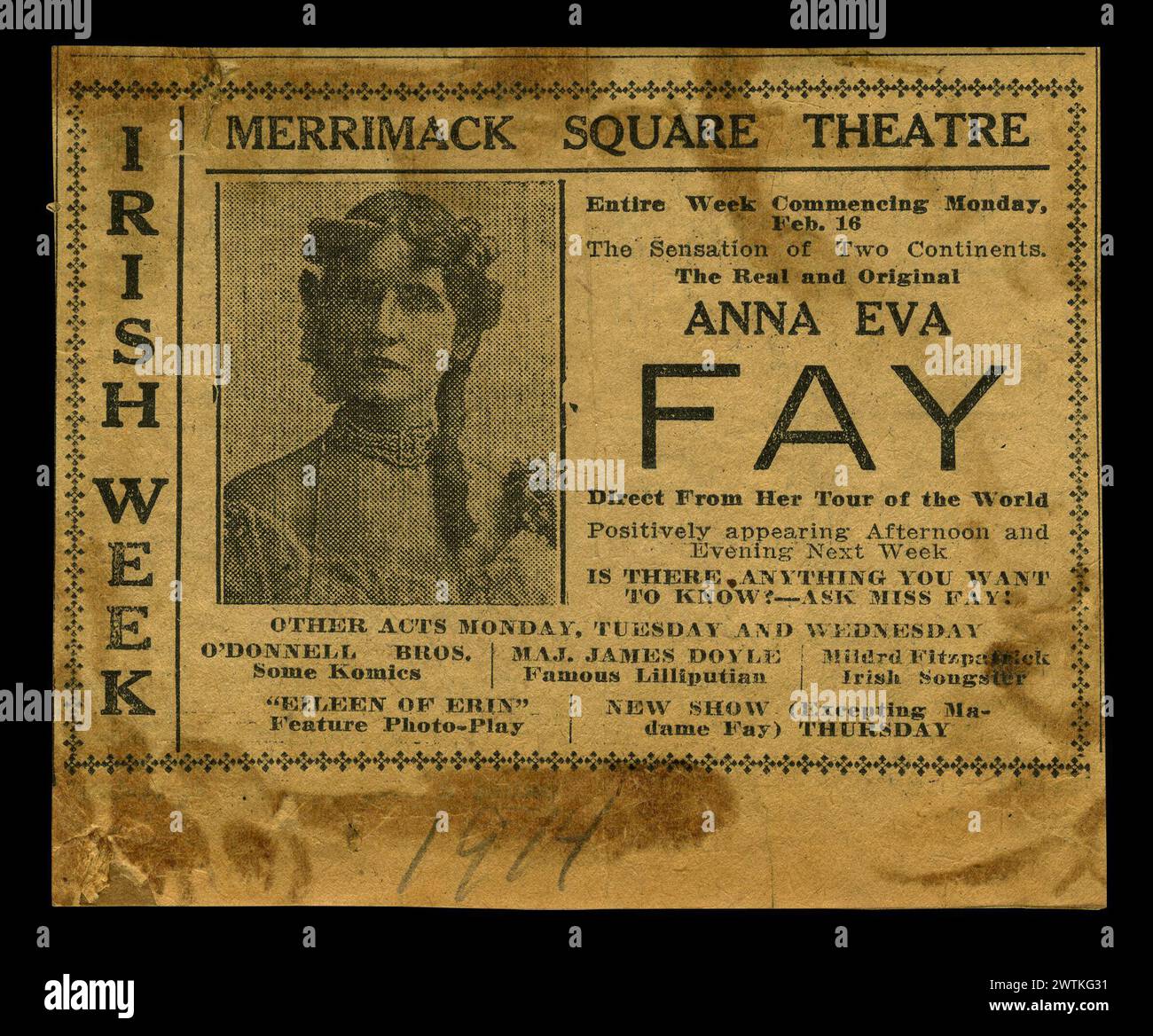 Newspaper clipping - Anna Eva Fay at the Merrimack Square Theatre Stock ...