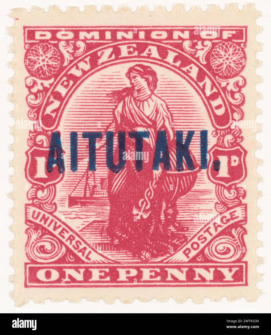 Issued one penny 'Penny Dominion' stamp overprinted with 'AITUTAKI ...