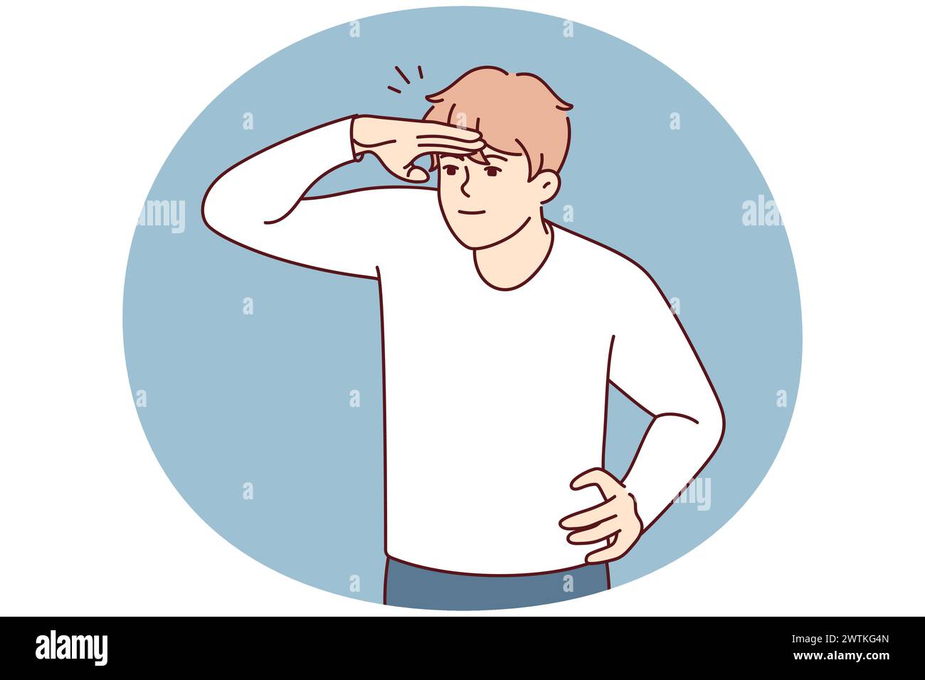 Young man raises hand to forehead to see distant object. Guy uses palm ...