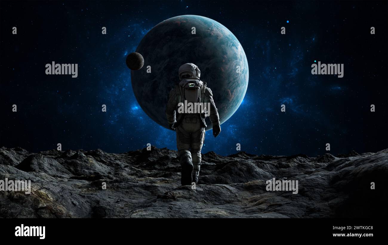 Astronaut treks across a barren moonscape with a large, cratered planet ...