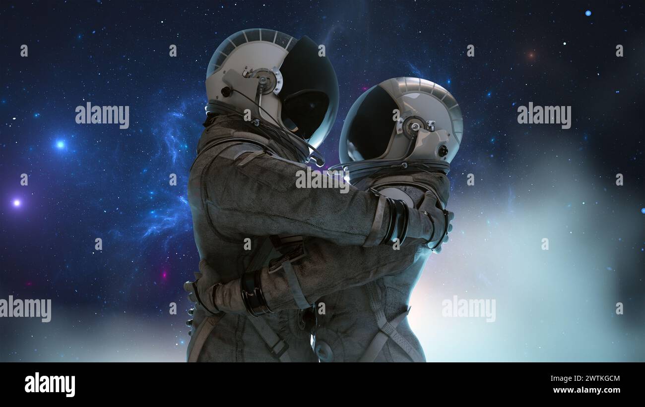 Two of astronauts couple in embrace with visor touching, surrounded by the starry expanse of ...
