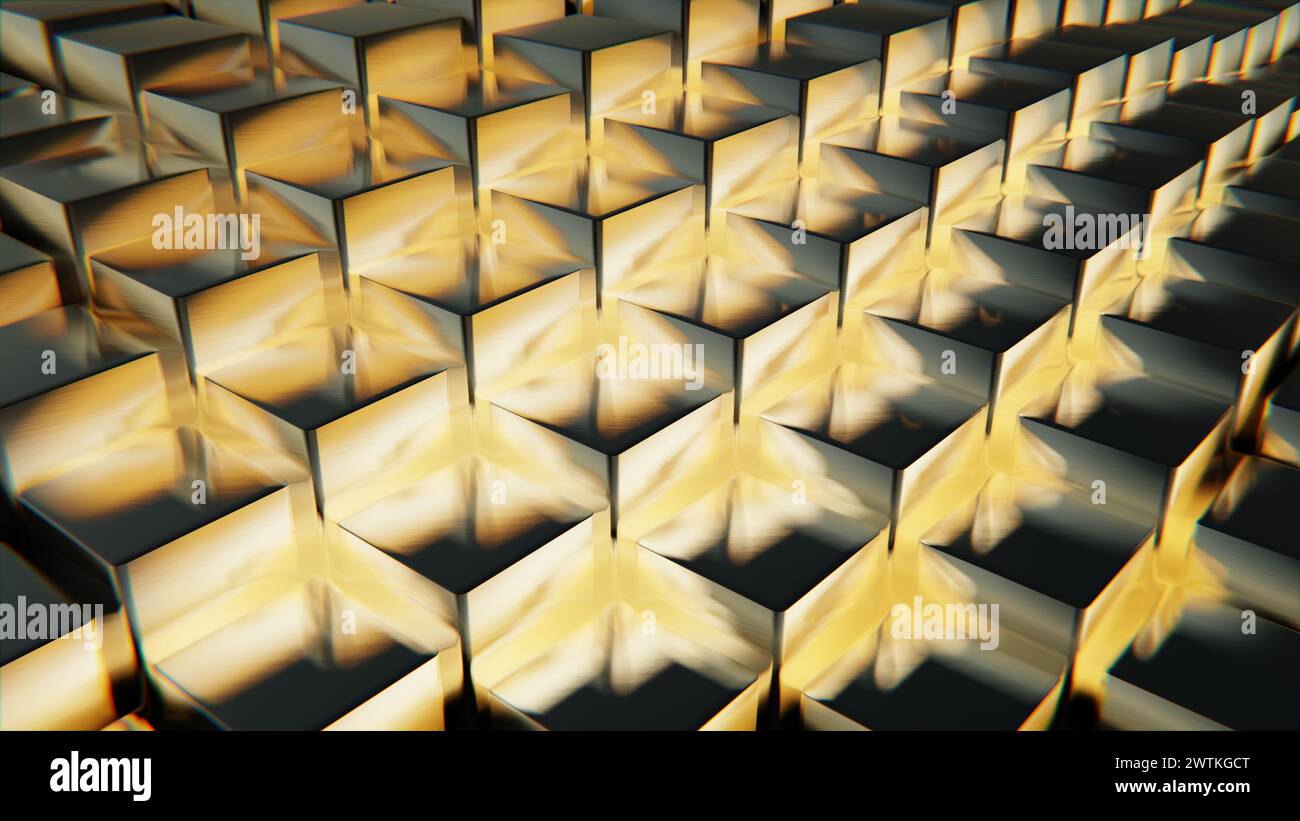 Close-up of reflective golden cubes arranged symmetrically with soft ...