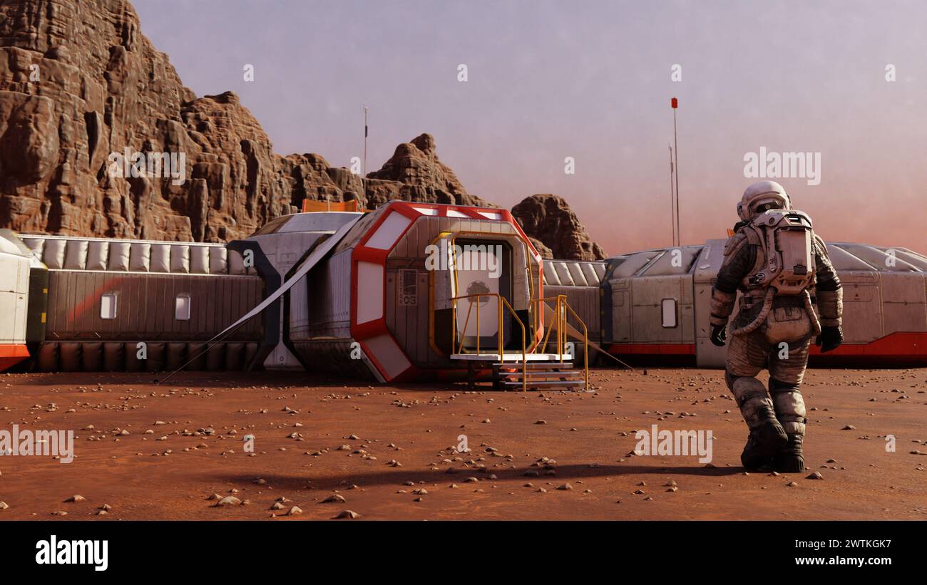 Astronaut strides towards modular space habitat on Mars, against a ...