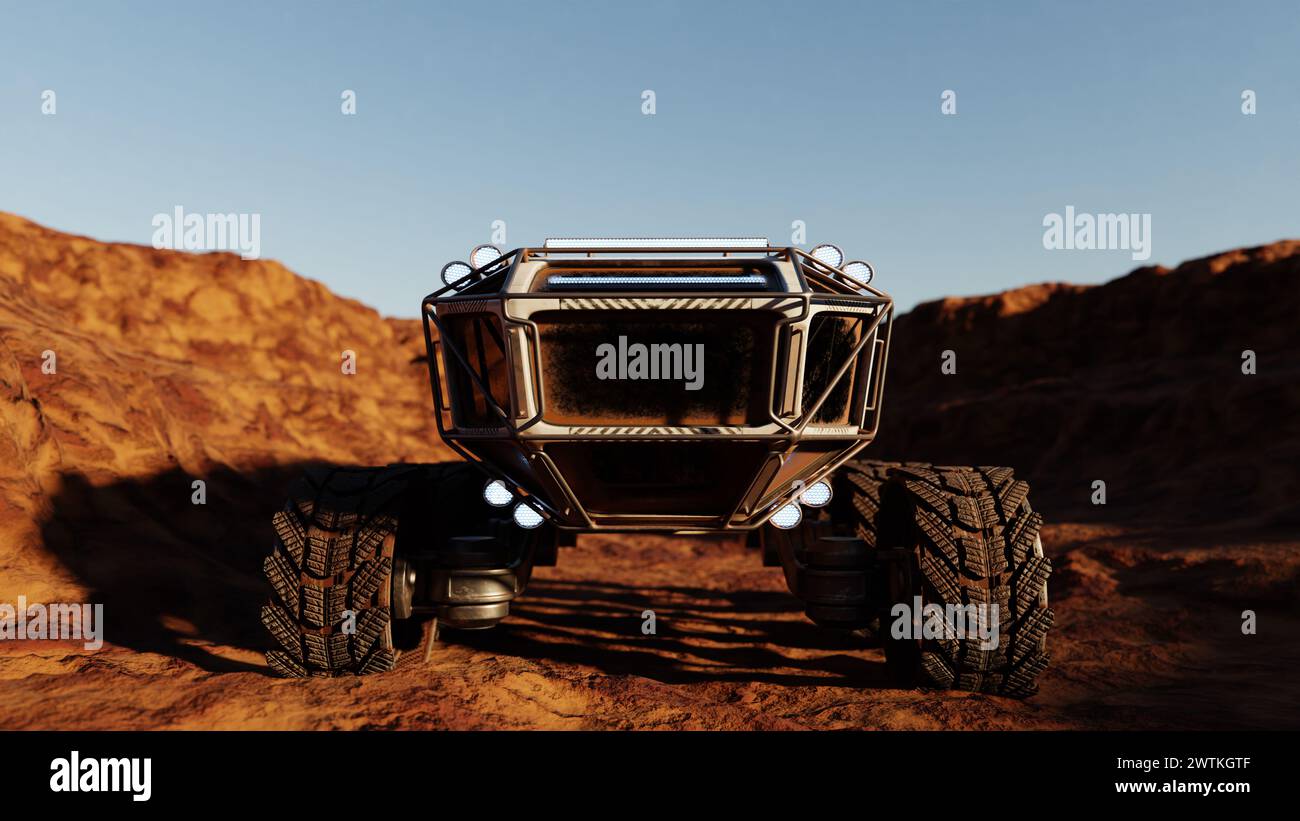 Remote controlled rover car navigates rough desert ground Mars against ...