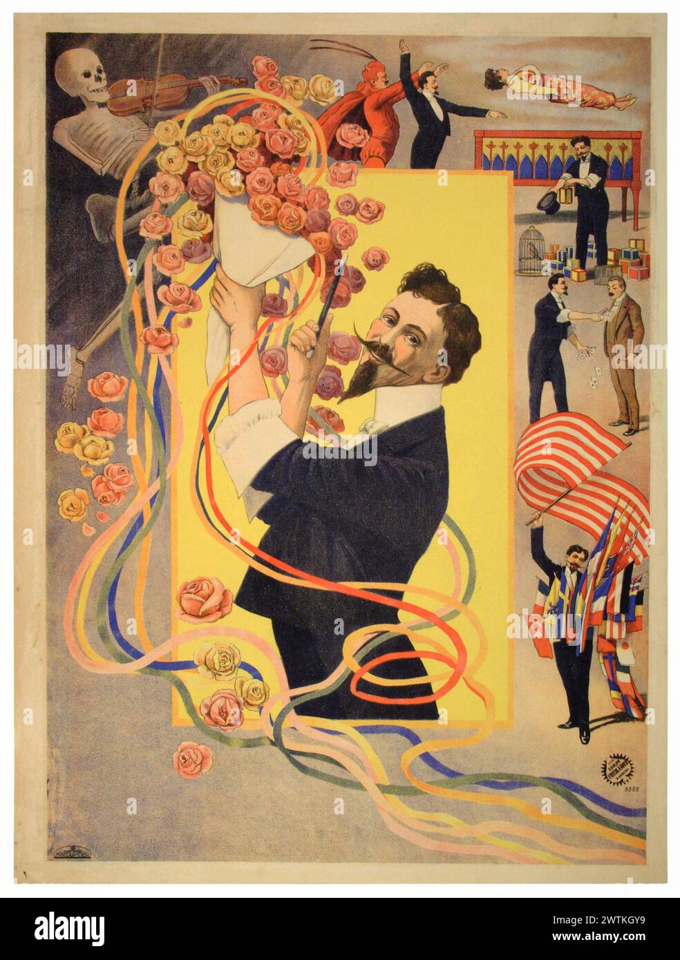 Magic poster - Magician producing roses from cone Stock Photo - Alamy