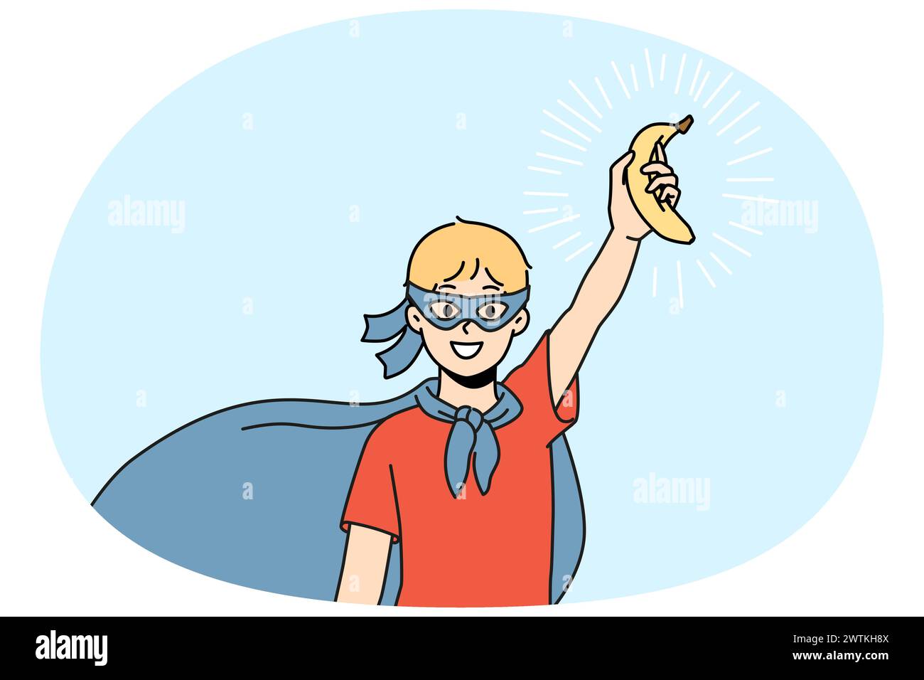 Smiling boy child in superhero costume hold fresh banana in hand. Happy ...