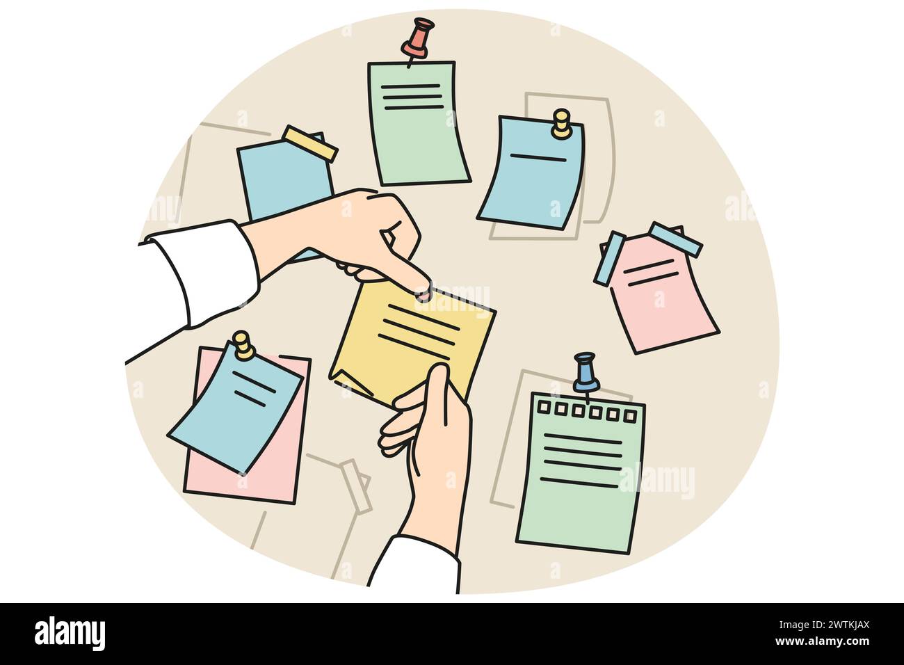 Closeup of person attach sticky notes with pins to board in office ...