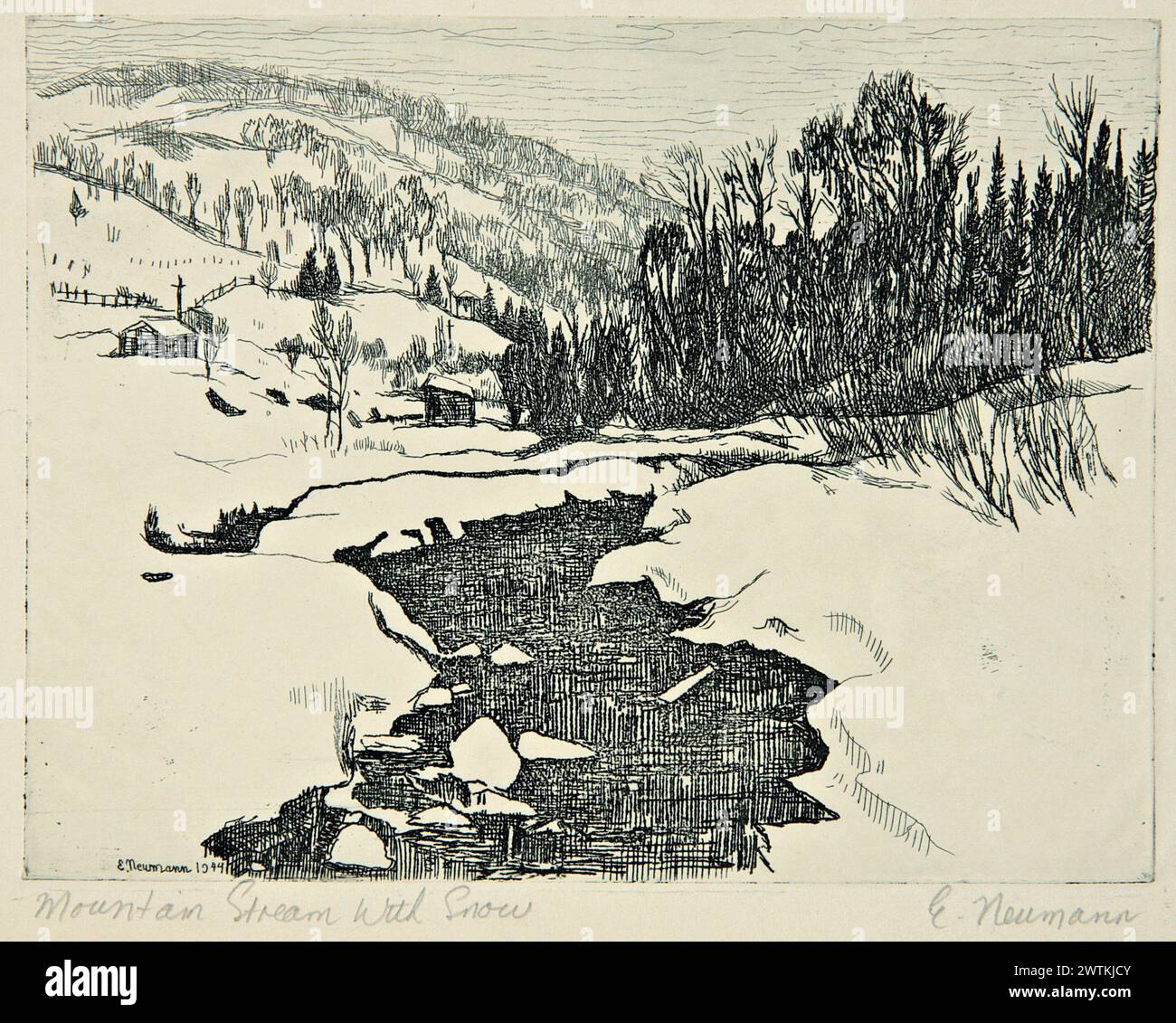 Etching - Mountain stream with snow Ernst Neumann (1907-1956 Stock ...
