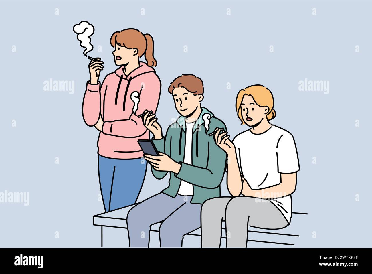 Tobacco addiction in people sitting on street and smoking cigarettes ...