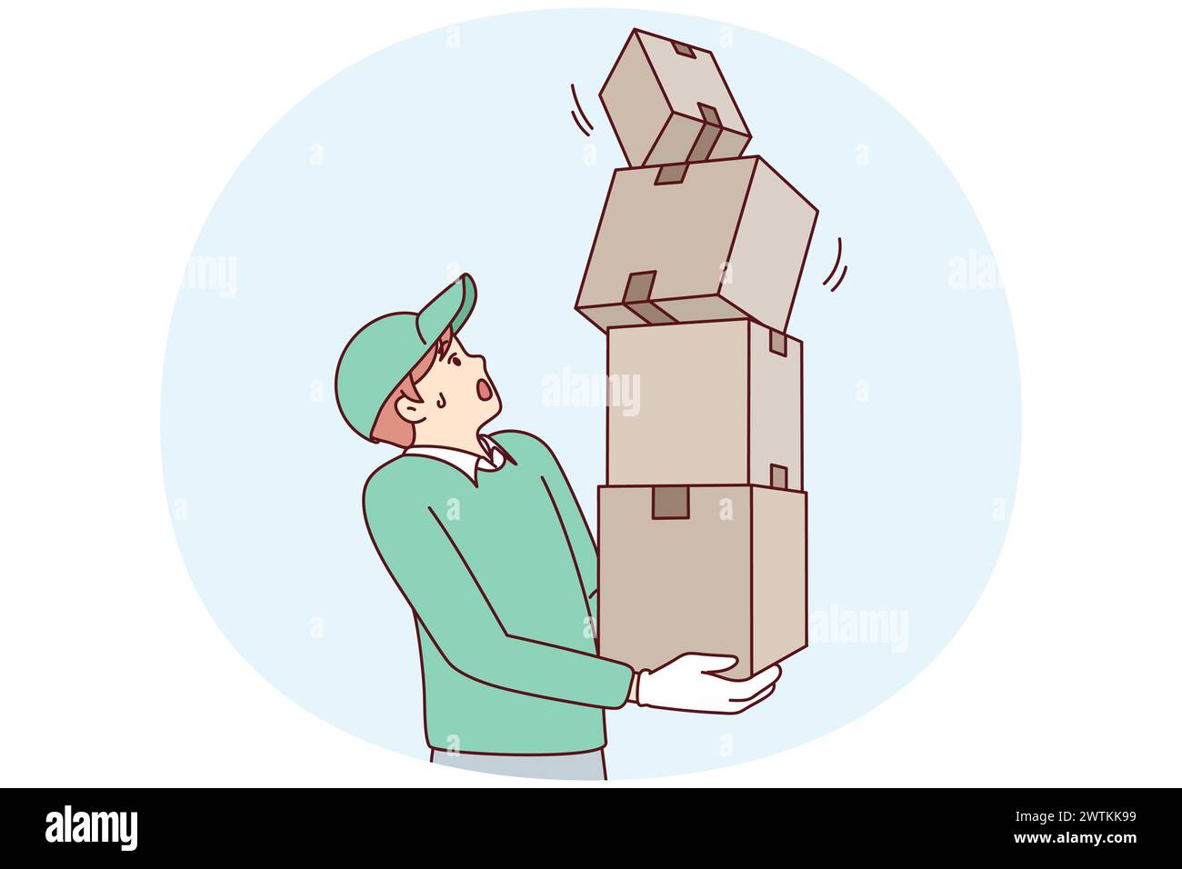Man courier holds several boxes as he looks frightened at falling ...