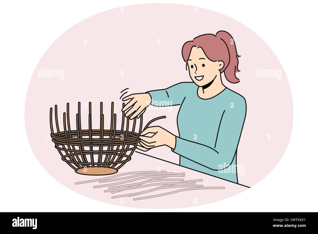 Smiling woman weaving basket from wicker at home. Happy girl engaged in ...